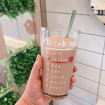 Cute Korean Style Coffee Letters Check List Transparent Glass Cup with ...