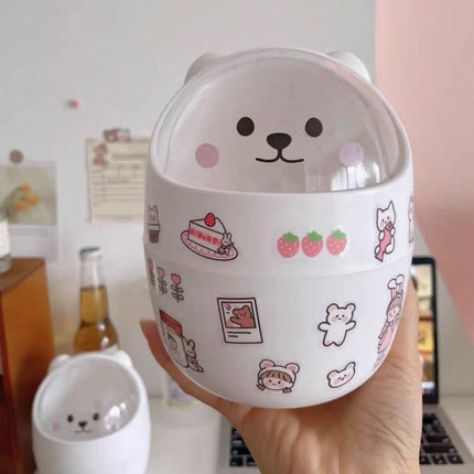 Kawaii Cute Bear Desktop Table Mini Trash Can with Lid - Peachymart