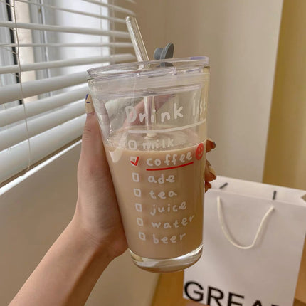 Cute Korean Style Coffee Letters Check List Transparent Glass Cup with ...